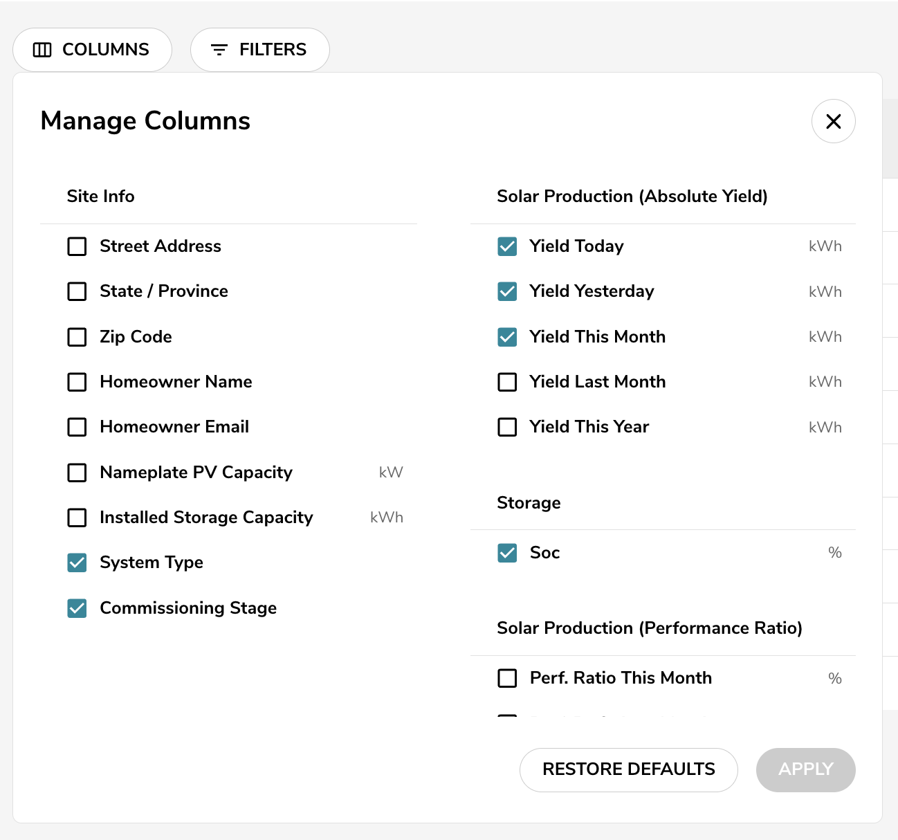 How do I change columns, sort and filter sites on PWRfleets Site List?